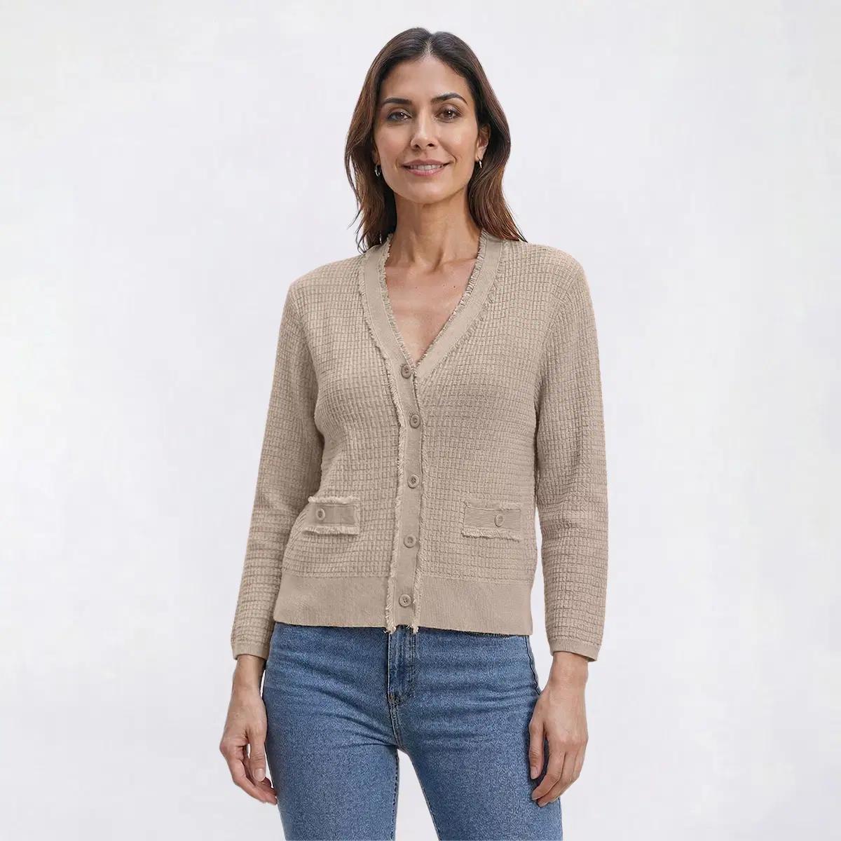 Click here for Womens Adrianna Papell Frayed Waffle Crop Cardigan prices